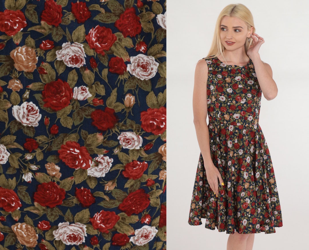 Floral Sundress 90s Mini Dress Sleeveless Day Dress High Waisted Fit ...