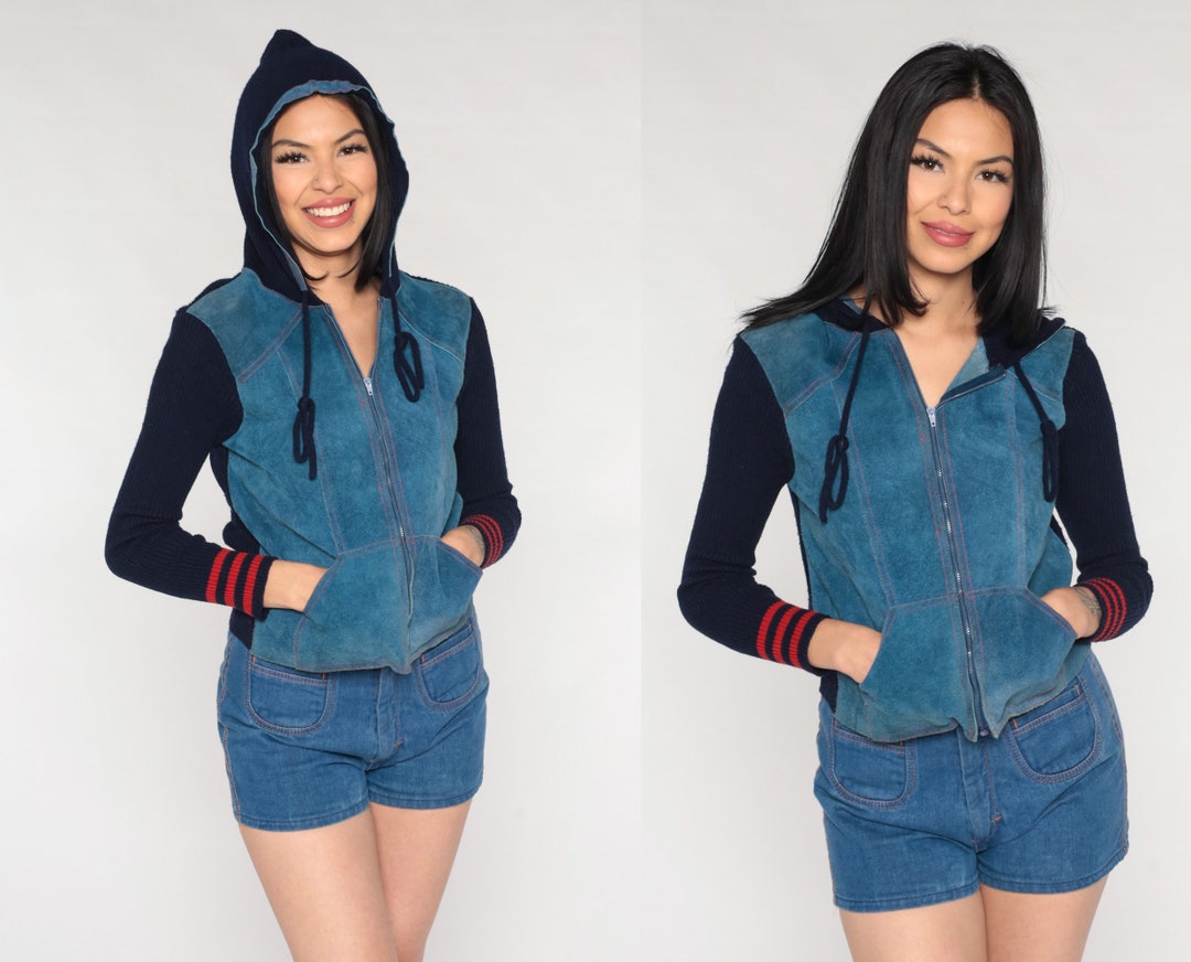 Suede Sweater Jacket 70s Blue Hooded Sweater Zip up Leather Knit ...
