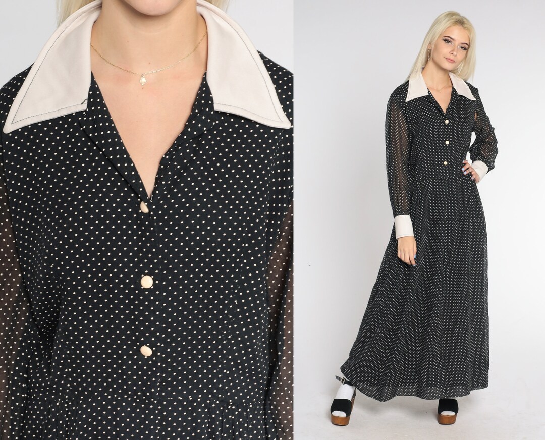 Polka Dot Maxi Dress 70s Long Mod Dress Button up Collared High Waist ...