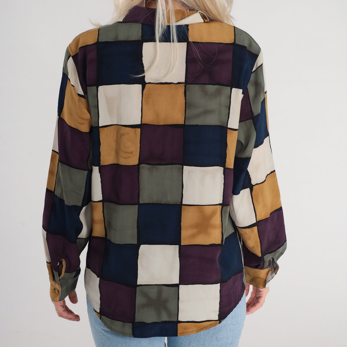 Checkered Blouse 90s Button up Shirt Retro Square Checkerboard Print ...