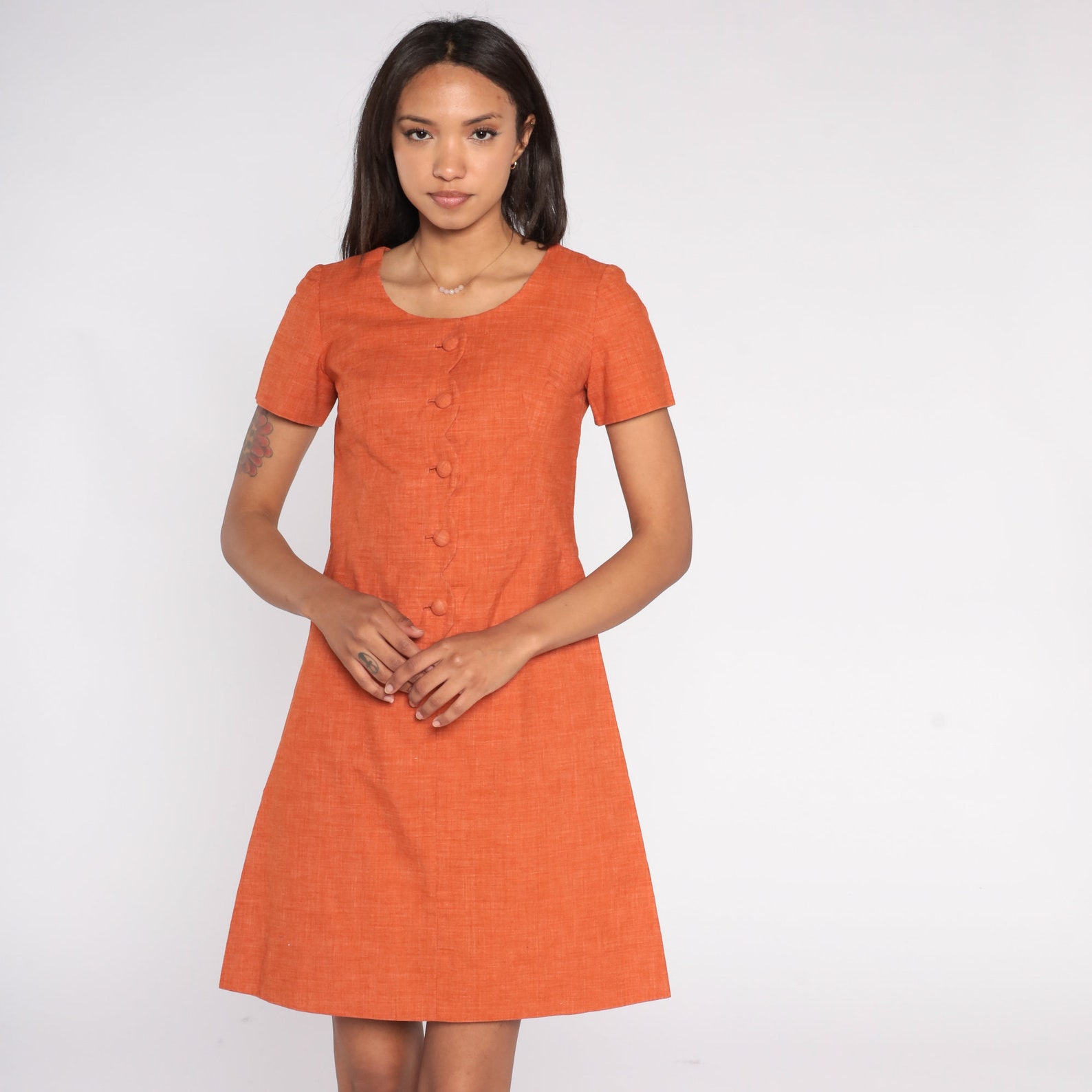 Burnt Orange Shift Dress 60s Mod Mini Dress Button up Retro Day Dress ...