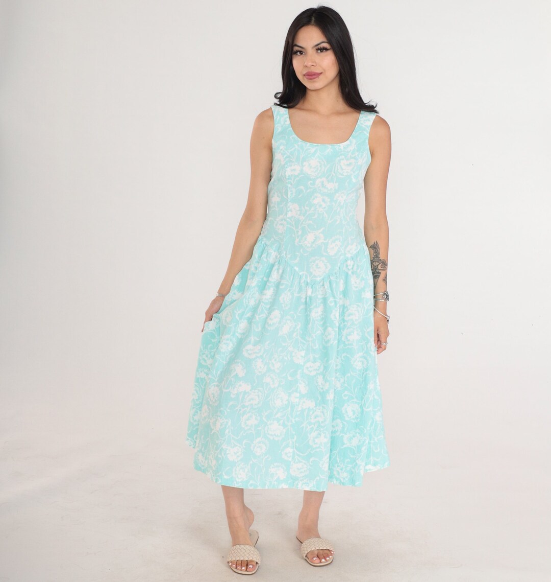 Floral Sundress 80s Light Aqua Blue Midi Dress Retro Sleeveless Basque ...