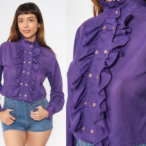 Tuxedo Crop Top 70s Purple Ruffle Blouse Button up Boho Hippie Bohemian 1970s Vintage Semi-sheer ...