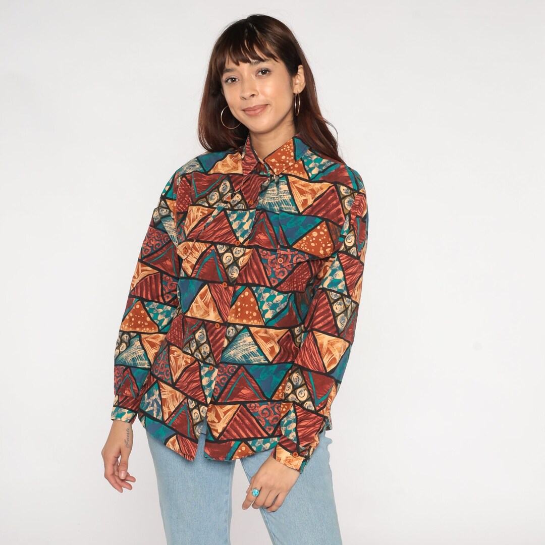 Triangle Print Blouse 90s Western Button up Shirt Retro Geometric Long ...