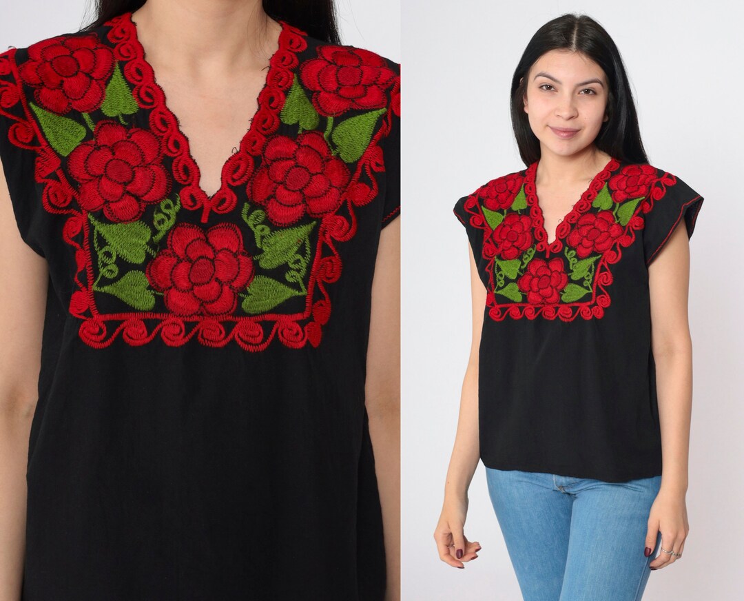 Mexican Floral Blouse 90s Black Embroidered Top Peasant Hippie Short ...