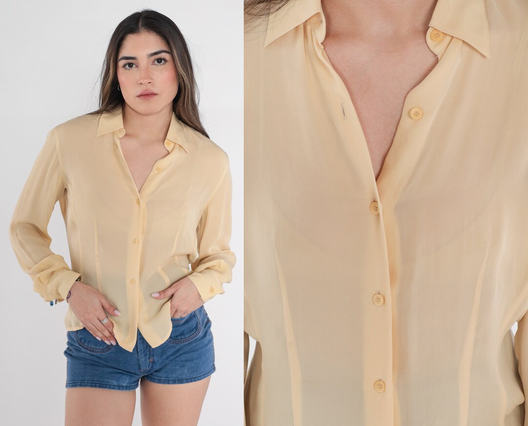 Pale Yellow Blouse Y2k Semi-sheer Button up Shirt Plain Simple Long ...