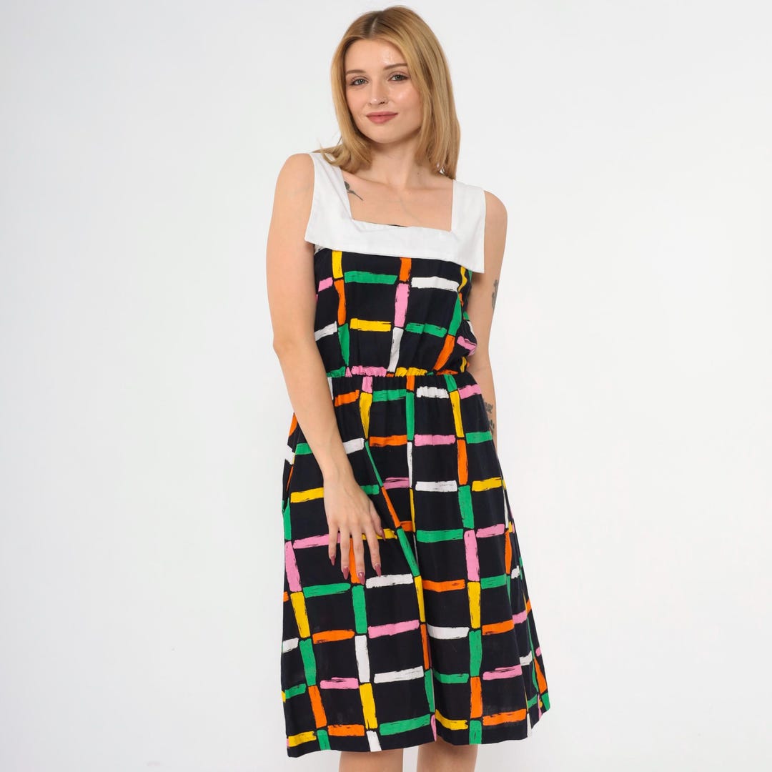 Vintage Checkered Sun Dress 80s Midi Black Rainbow Sailor Collar High ...