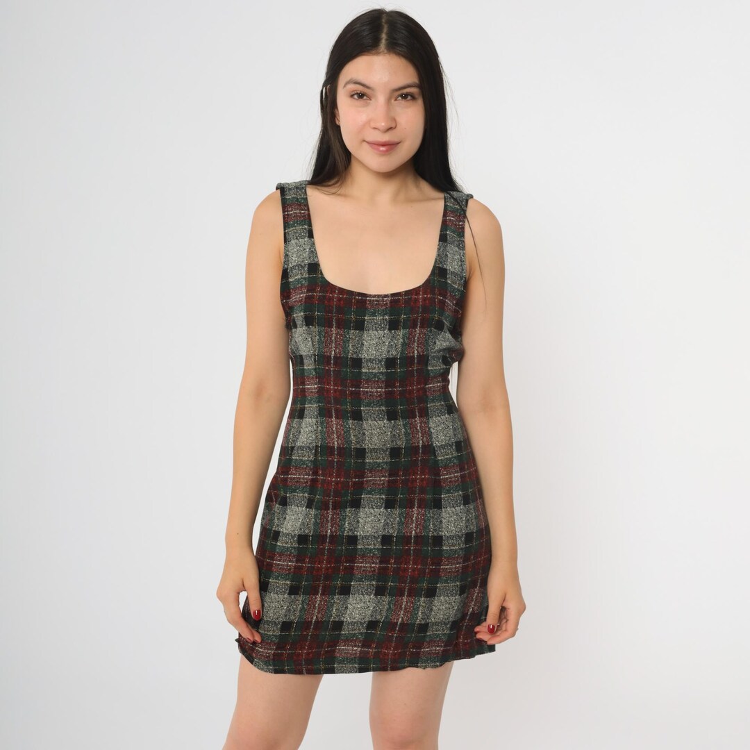Vintage 90s Plaid Sheath Dress Backless Grey Checkered Dress Mini ...