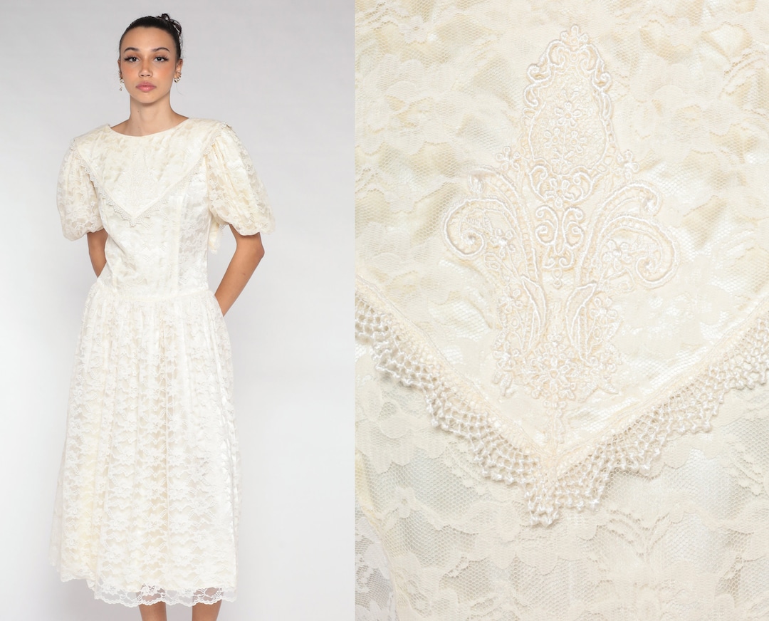 Off White Lace Dress 80s Midi Elopement Floral Embroidered Wedding ...