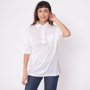 White Polo Shirt 70s 80s Semi-sheer Saks Fifth Avenue Button up Shirt Short Sleeve Retro Plain ...