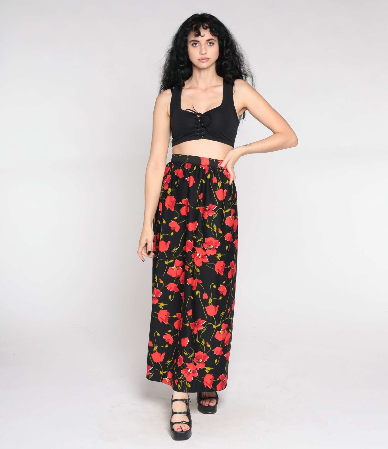 90s Floral Skirt Black Red Poppy Skirt 90s Maxi Boho Straight - Etsy
