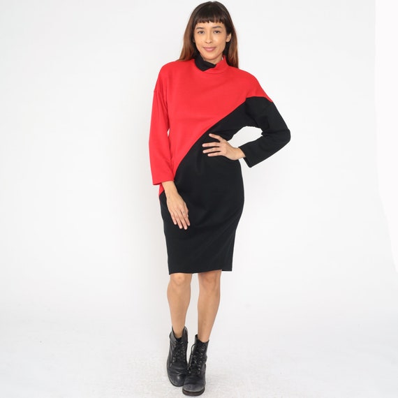 80s Color Block Dress Red Black Midi Long Sleeve Mock… - Gem