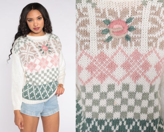 White Floral Knit Sweater 80s 90s Embroidered Rose Grunge - Etsy