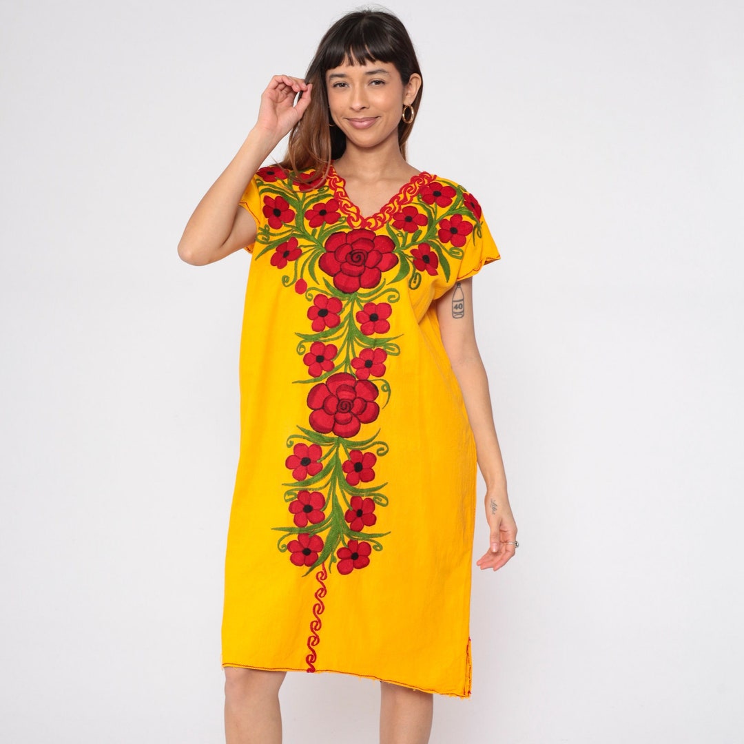 Floral Mexican Dress 90s Yellow Embroidered Midi Dress Hippie V Neck ...
