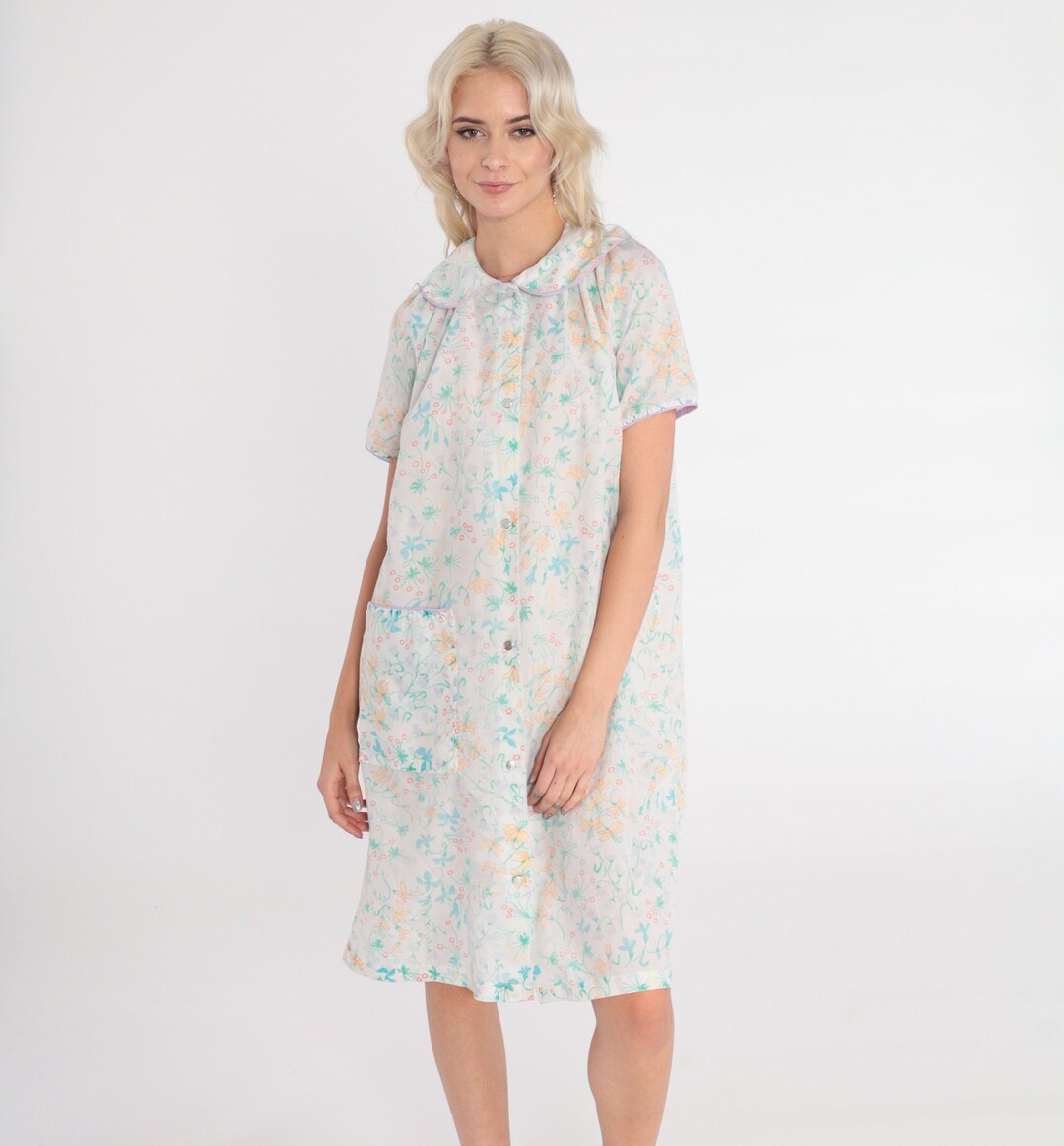 Floral Nightgown 80s Pajama Dress Semi-sheer White Snap up Nightie Midi ...