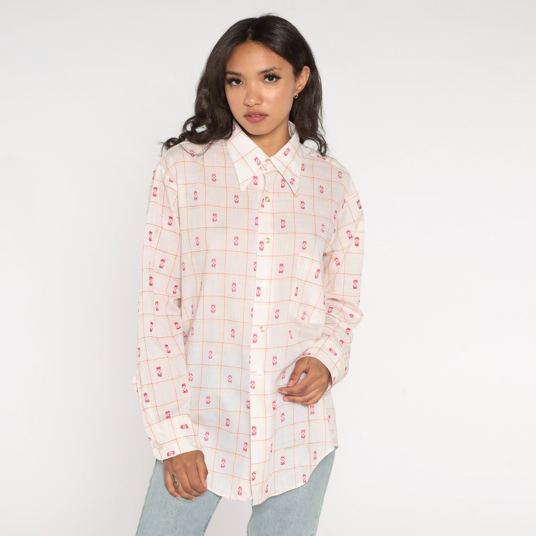 70s Checkered Shirt White Stamp Print Button up Top Retro Preppy ...