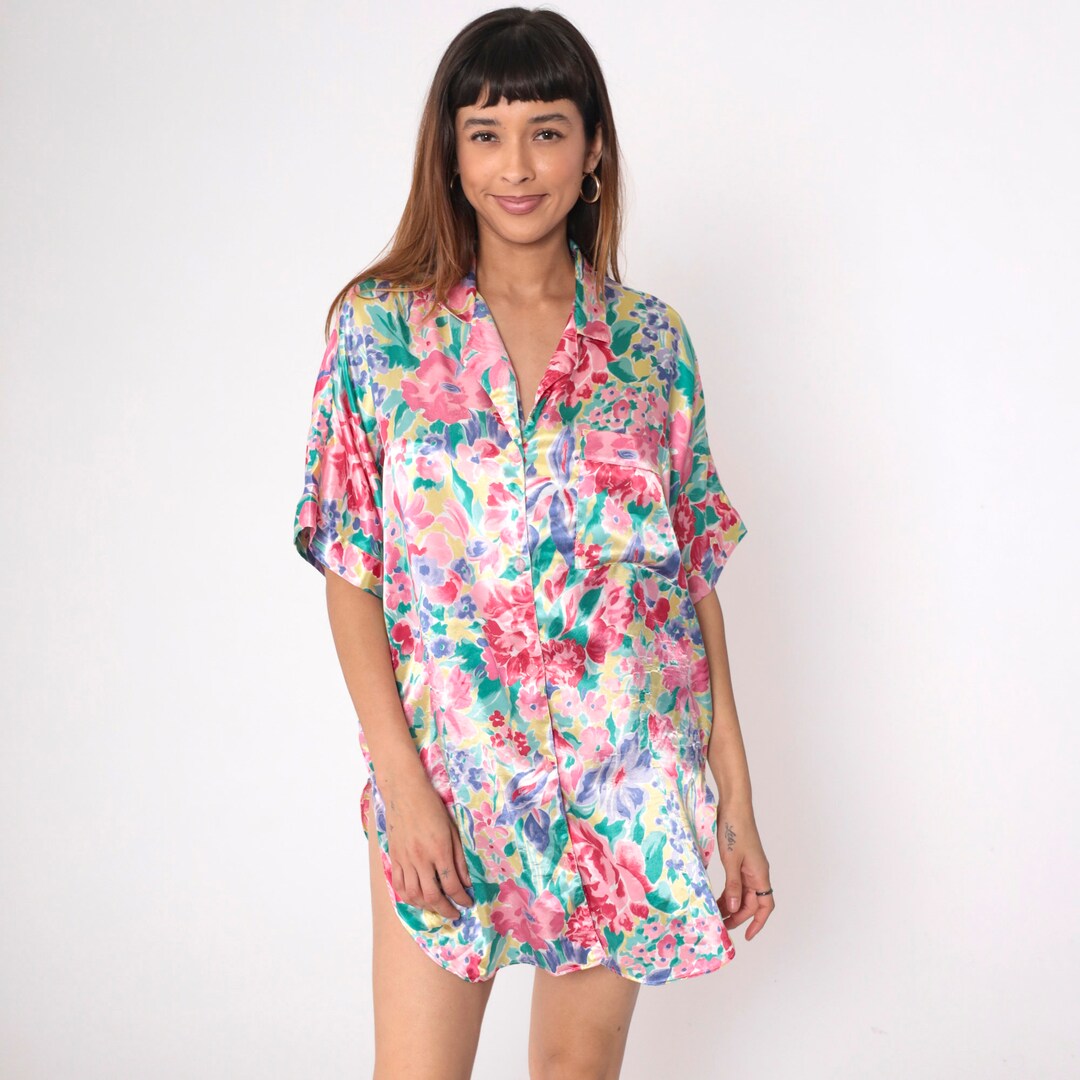 Floral Satin Nightie 90s Pajama Dress Shiny Button up Nightgown Mini ...