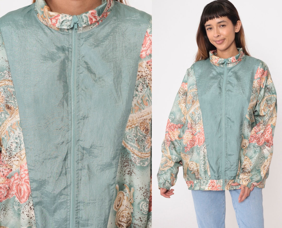 Floral Windbreaker Jacket 90s Sage Green Baroque Rococo Rose Print ...
