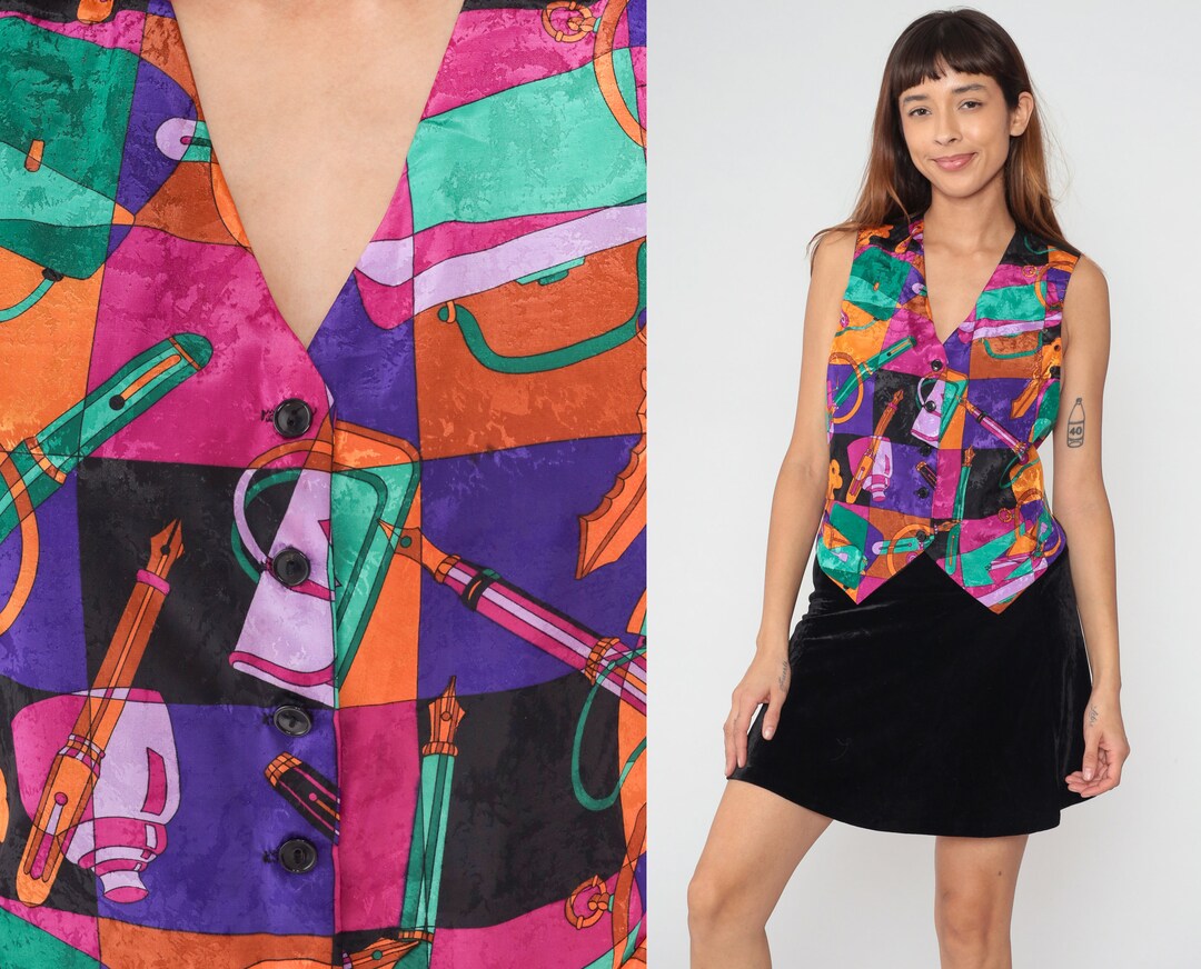 Writer Vest 90s Color Block Button up Top Pen Ink Key Novelty Print ...