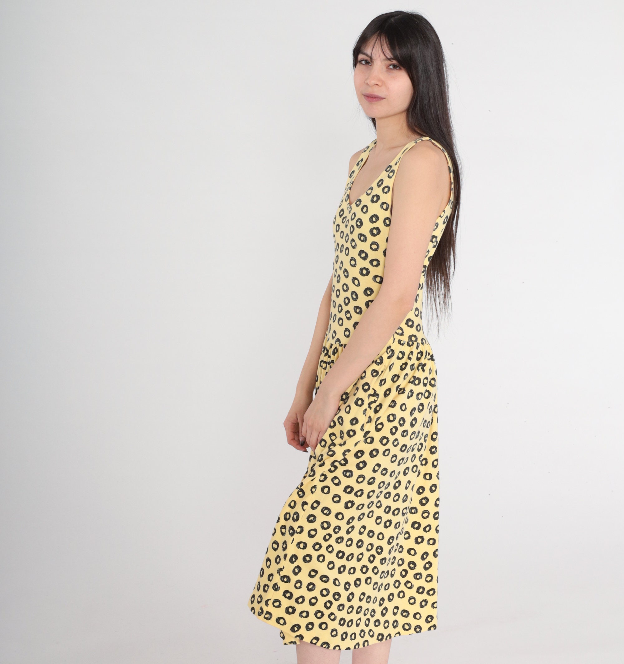 80s Sun Dress Yellow Midi Dress Black Abstract Ring Dot Print - Etsy