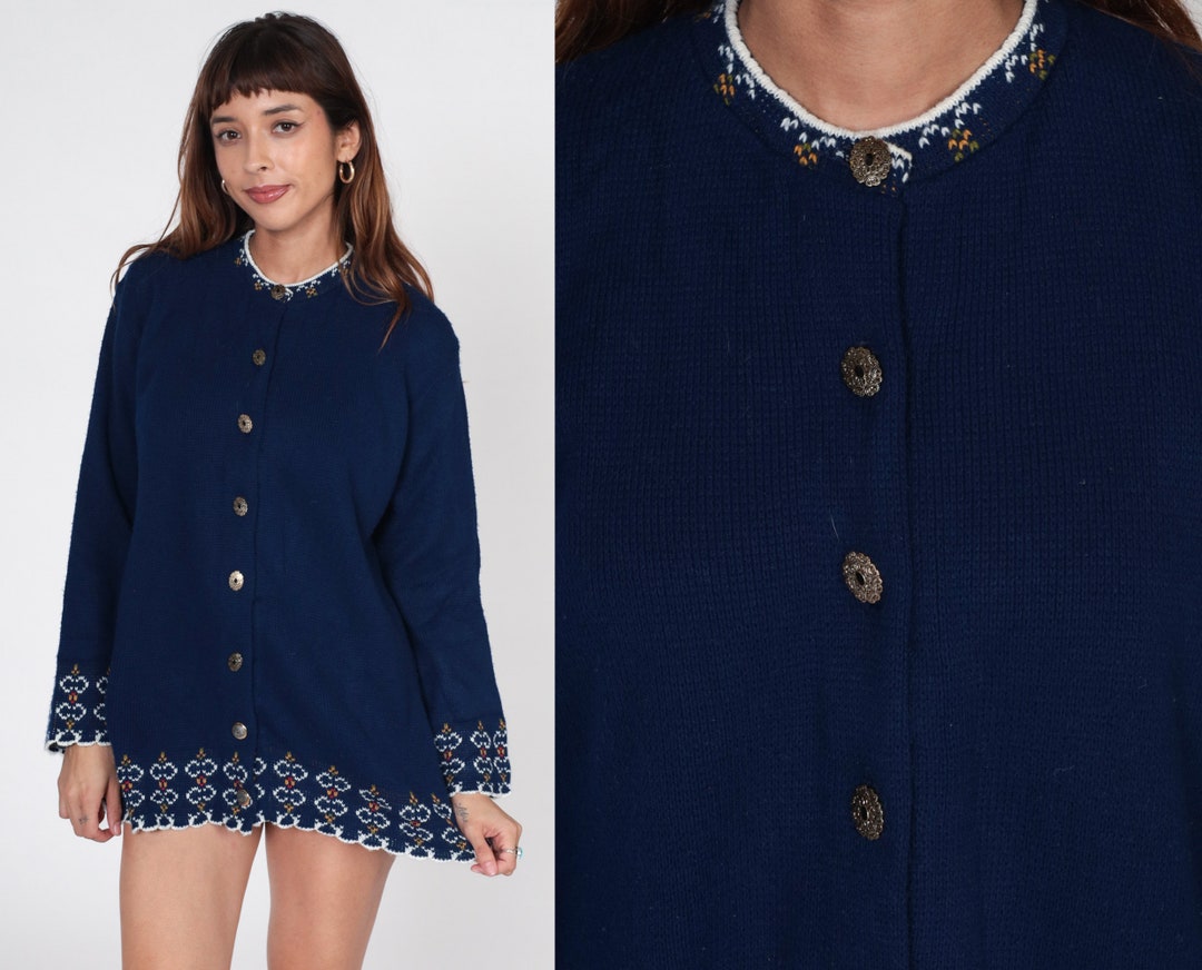 Navy Blue Cardigan 70s Button up Knit Sweater Scalloped - Etsy