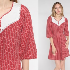 Red Prairie Dress 70s Striped Calico Floral Print Mini Dress Peasant ...