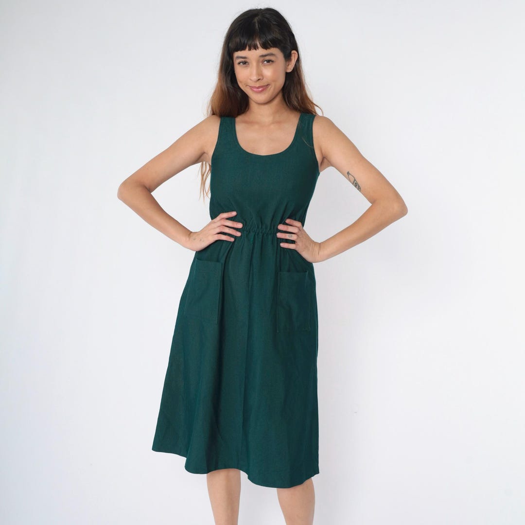 80s Dark Green Summer Dress Vintage Sleeveless Midi Pocket Ribbed High ...