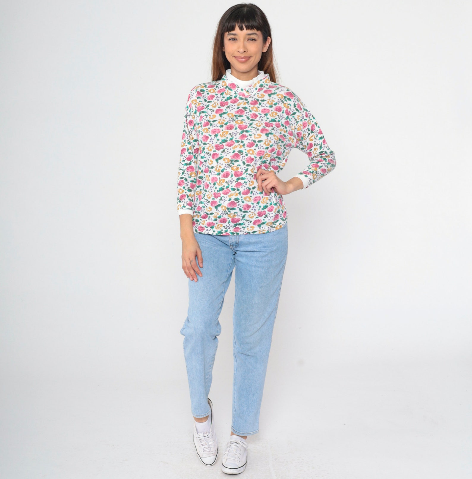 90s Floral Mock Neck Shirt White Rococo Pink Rose Print T-shirt Long ...
