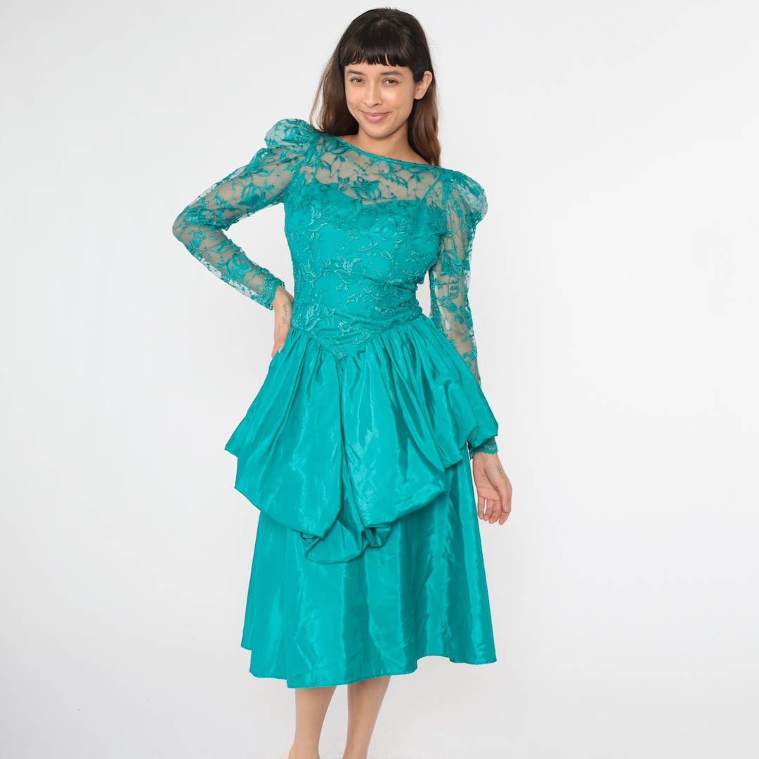 80s Party Dress Teal Taffeta Lace Dress Sheer Puff Sleeve Peplum Bow ...