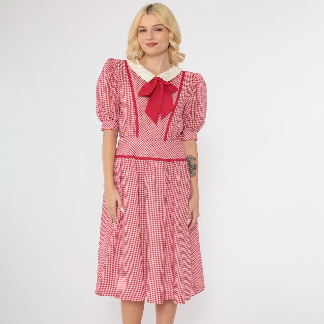 Checkered Cottagecore Dress Red Gingham Dress Bow Neck Puff Sleeve Midi ...