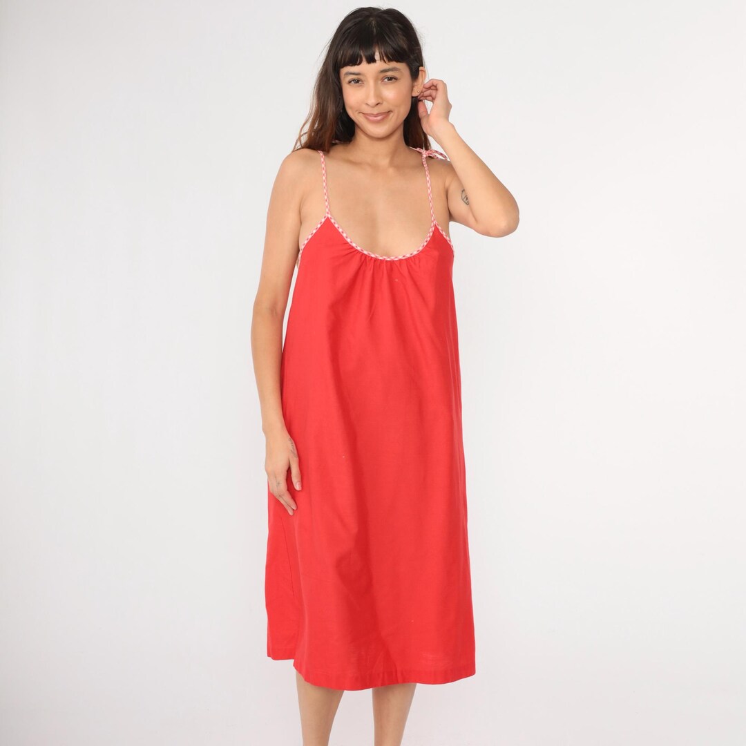 70s Sun Dress Red Spaghetti Strap Midi 1970s Vintage Boho Tent Dress ...