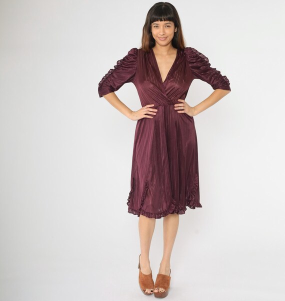 Vintage Sheer Wrap Dress 70s 80s Ruffled Plum Burgund… - Gem
