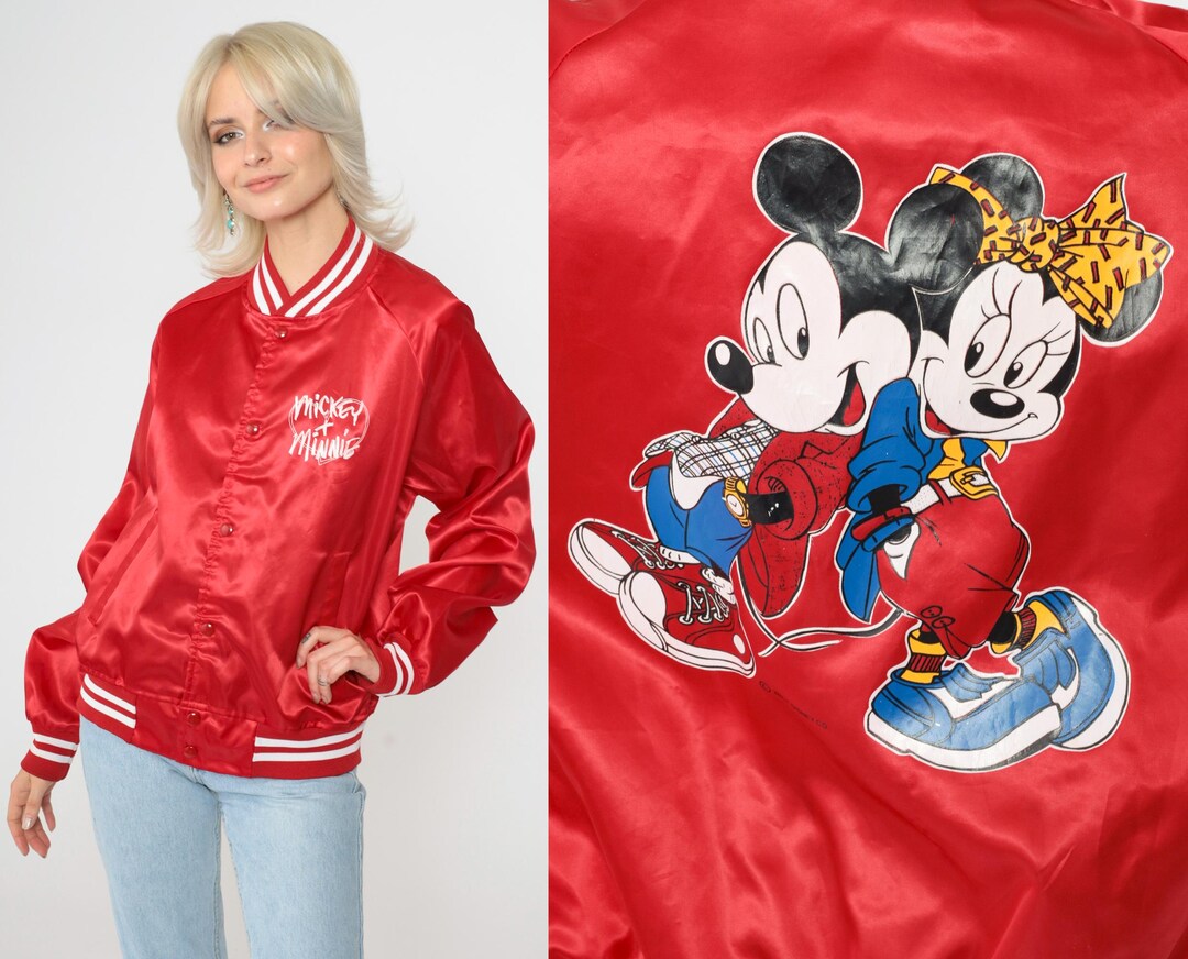 Vintage Mickey and Minnie Jacket 90s Red Satin Bomber Jacket Disney ...