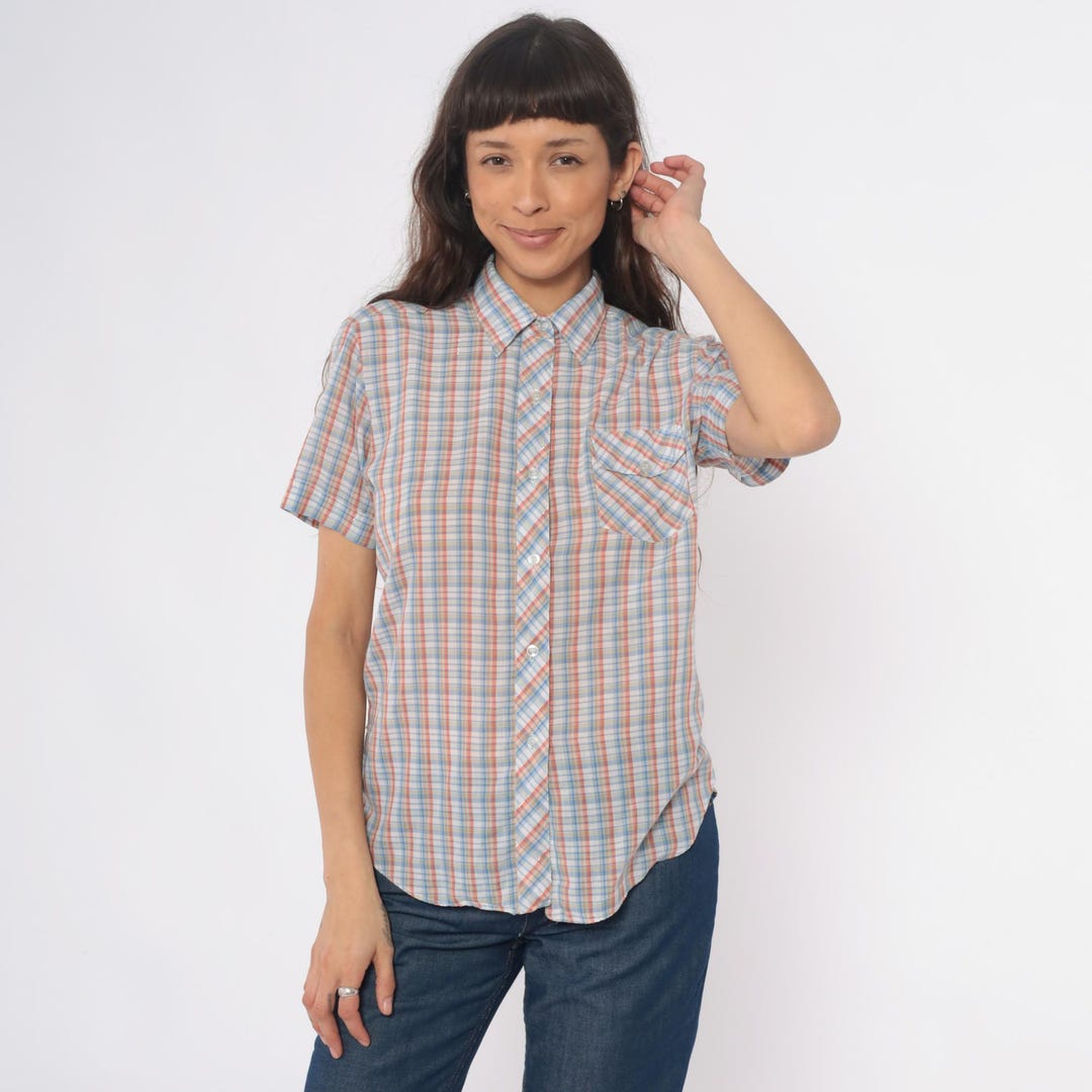 80s Plaid Shirt Button Front Short Sleeve Collared Chest Pocket Cotton ...
