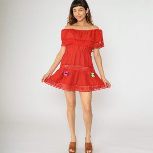Off Shoulder Mexican Dress Red Micro Mini Boho Embroidered Lace Peasant ...