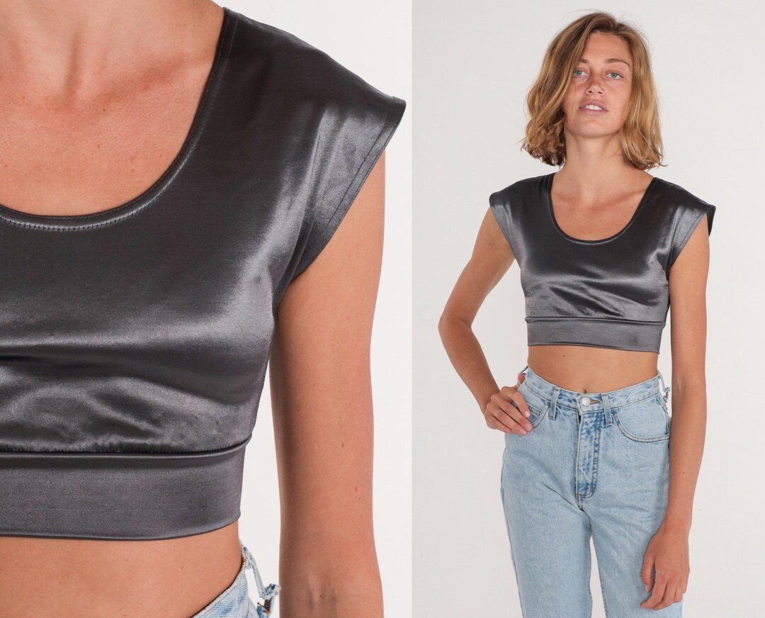 Silver Crop Top 90s Metallic Cropped Shirt Shiny Blouse Cap Sleeve ...