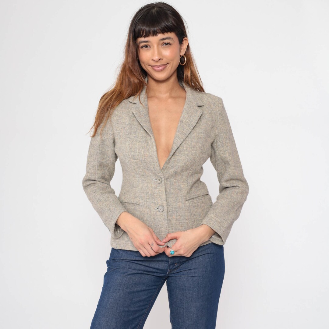 Wool Blazer Jacket 80s Flecked Grey V Neck Button up Jacket Preppy ...