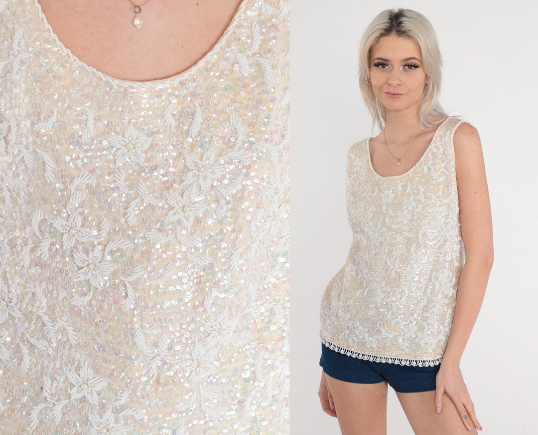 60s Sequin Top Beaded Floral Tank Tank Top Sparkly Party Mod Sleeveless ...