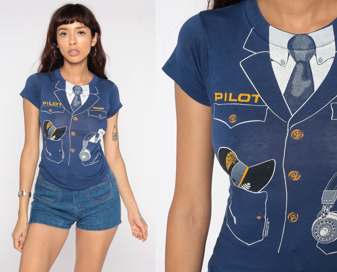 80s Pilot Uniform T Shirt Short Sleeve Tee Retro T Shirt Vintage Single ...