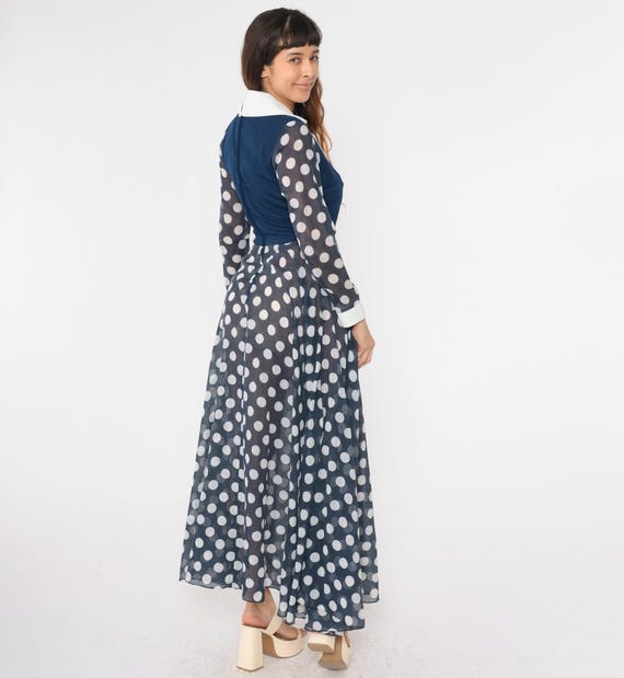 70s Polka Dot Maxi Dress Long Mod Faux Wrap Dark Blue… - Gem