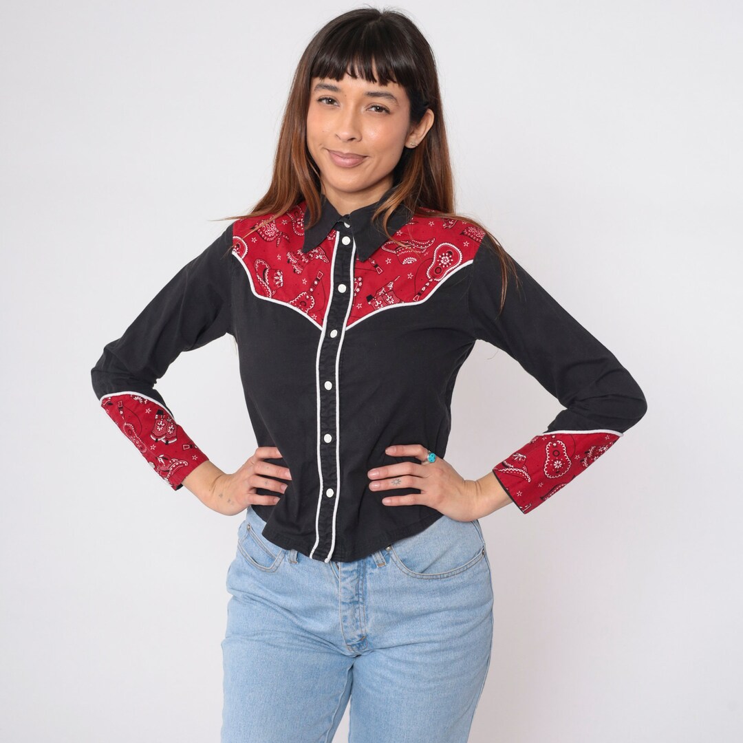 90s Western Blouse Black Cowboy Boot Guitar Print Button up Shirt ...