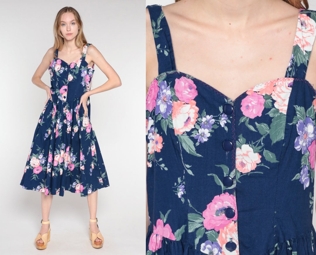 Floral Sundress 80s Midi Dress Navy Blue Retro Basque Waist Sweetheart ...