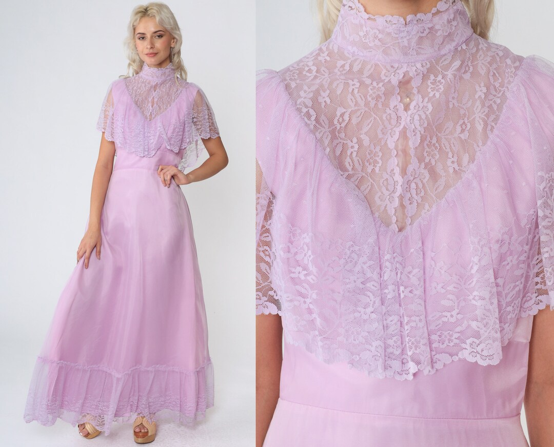 Lavender Gown 70s Prom Dress Purple Lace Bib Maxi Dress Victorian High ...