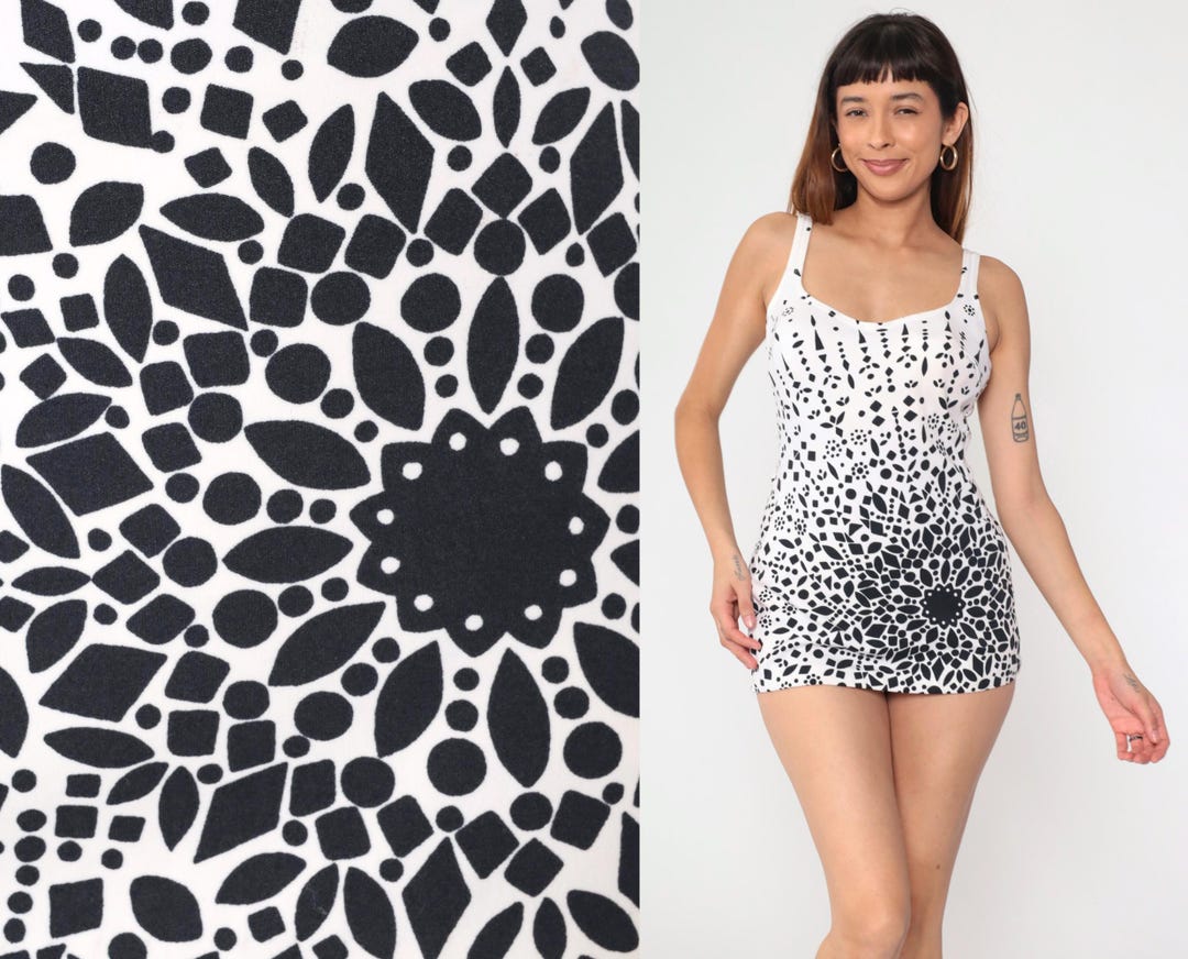 Vintage 70s Jantzen Swimsuit Black White Mosaic Print One Piece Skirt ...