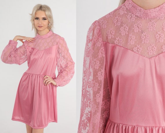 70s Victorian Dress Mini LACE Party Dress Grecian Pin… - Gem