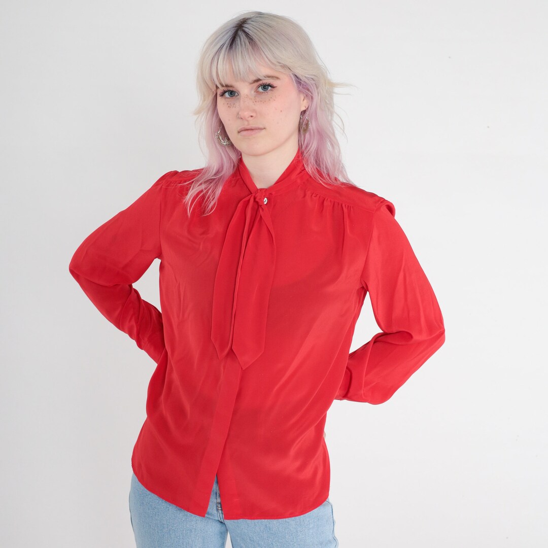 80s Ascot Shirt Red Secretary Blouse Long Sleeve Top 80s Bow Neck Ascot ...