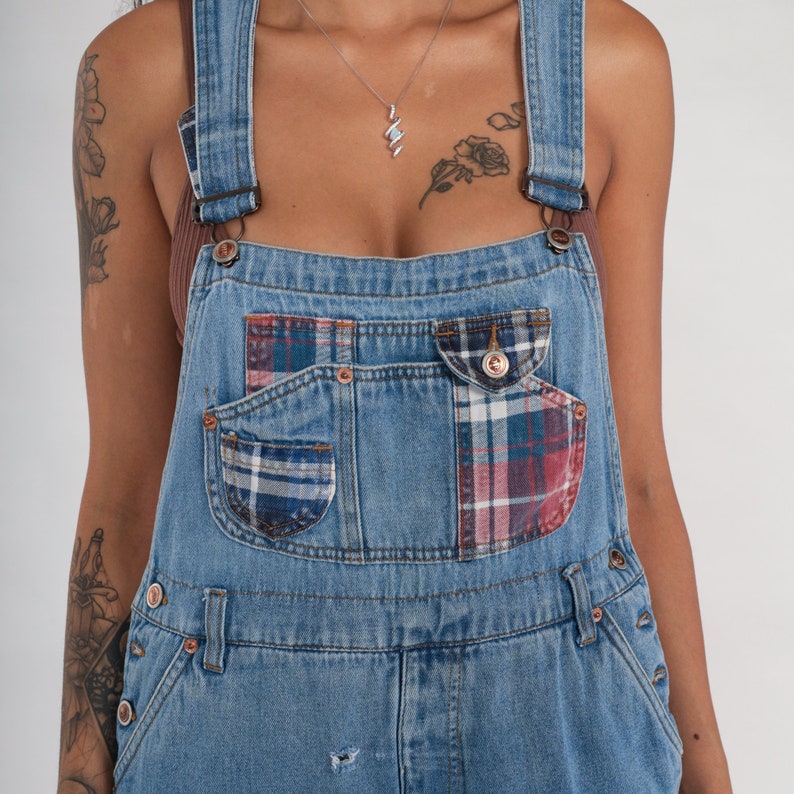Patchwork Overalls Pants 90s Denim Plaid Patch Coveralls - Etsy