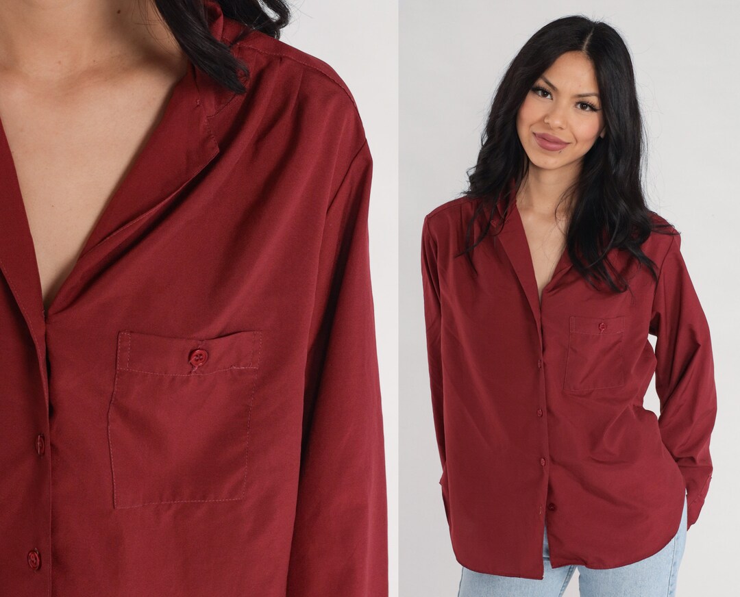 Maroon Blouse 80s Button up Shirt Retro Basic Simple Top Long Sleeve ...