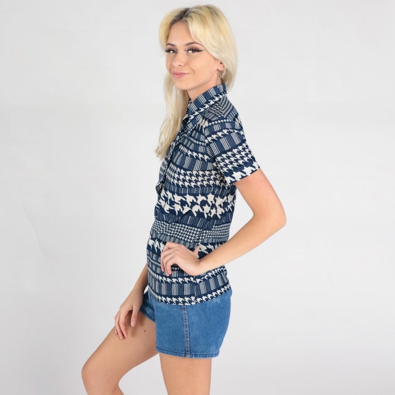 Checkered Polo Shirt 70s Collared Shirt Navy Blue Hou… - Gem
