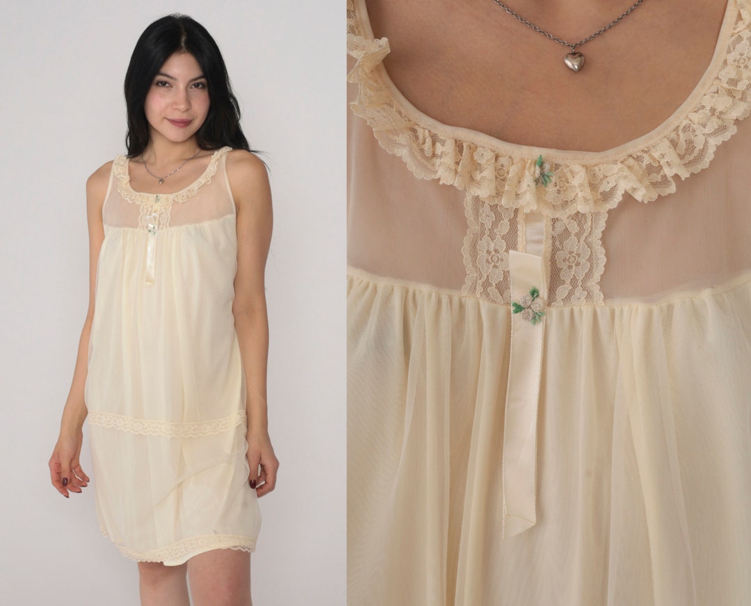 Pale Yellow Nightgown 80s Lingerie Slip Dress Floral Rosette Lace Trim ...